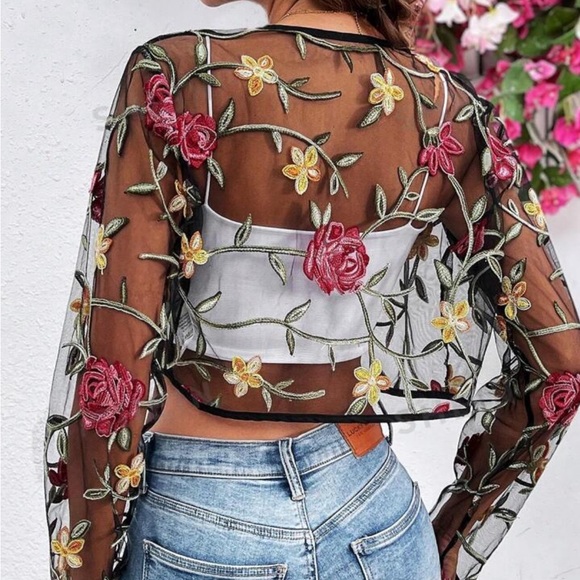 Jolie | Jackets & Coats | Womens Floral Embroidered Sheer Mesh Open ...